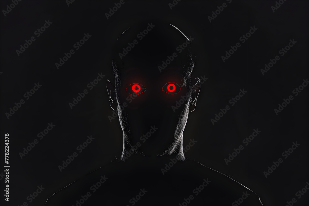 Shadowy figure with glowing red eyes in neon silhouette isolated on ...