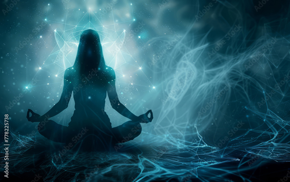 Serene woman practicing meditation with glowing energy aura Stock ...