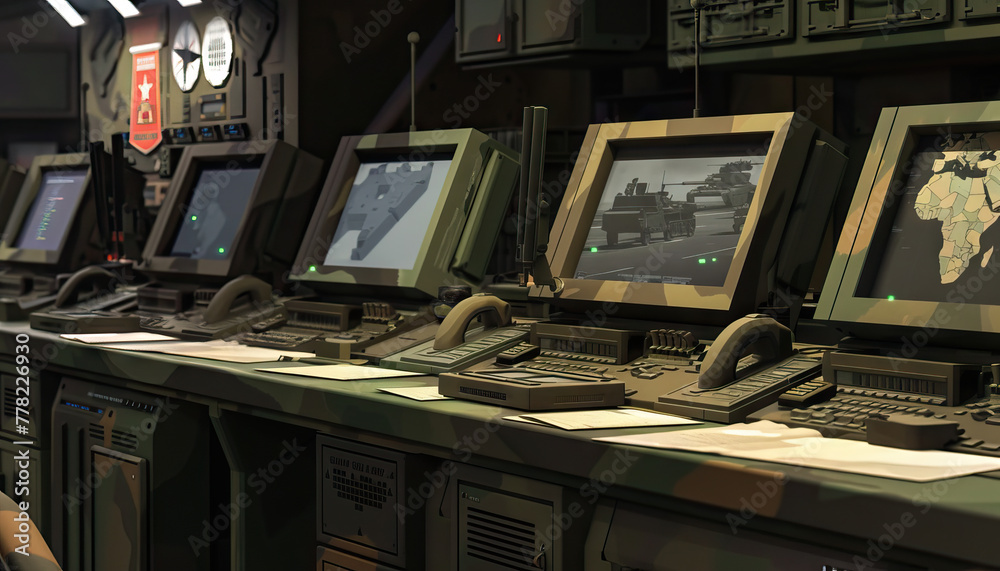 Military Base Command Center: A military base set with command consoles ...
