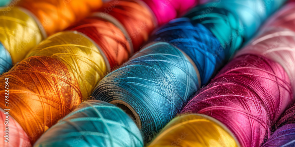 Various different colored silk threads in a style that includes focus ...