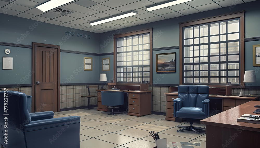 Crime Drama Police Precinct: A police precinct set with interrogation ...