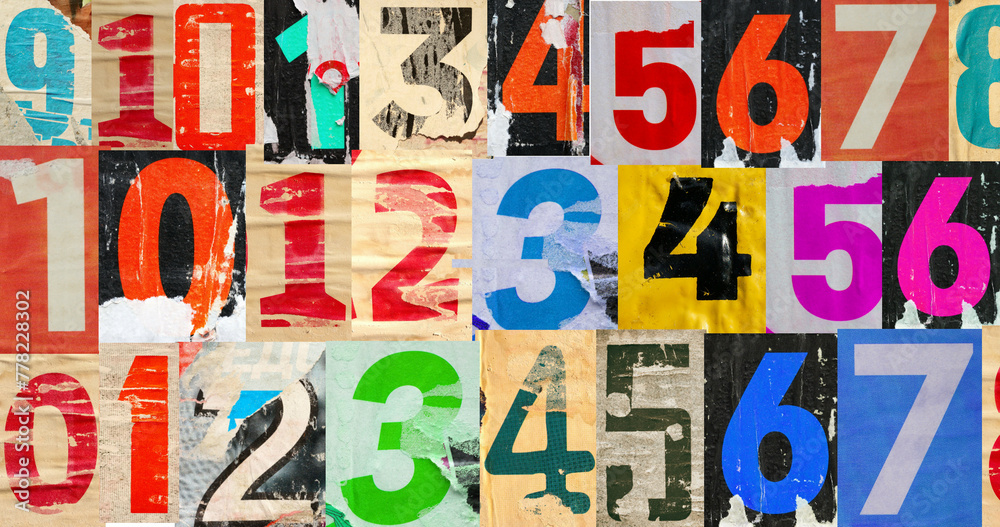 Collage of many numbers ripped torn advertisement street posters grunge ...