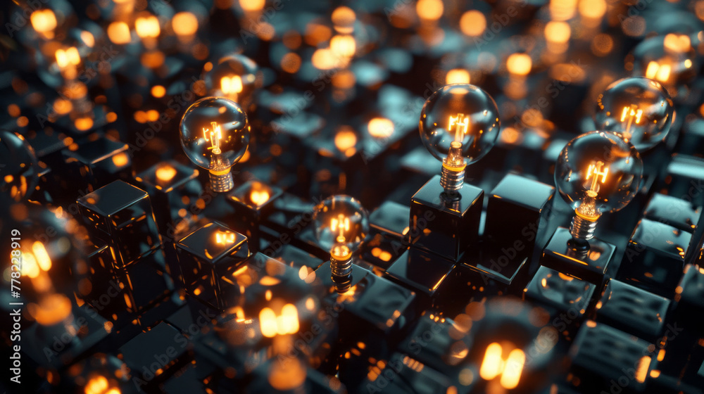 A dark pattern formed by a chain of light bulbs and cubes in a style ...