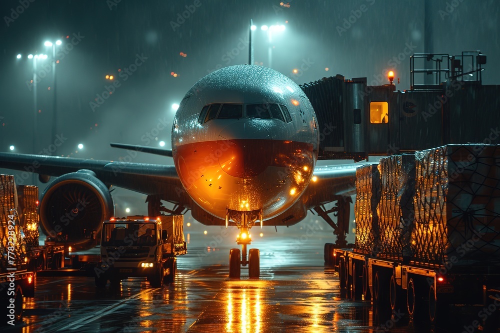 A cargo plane preparing for takeoff, its engines roaring to life, while ...
