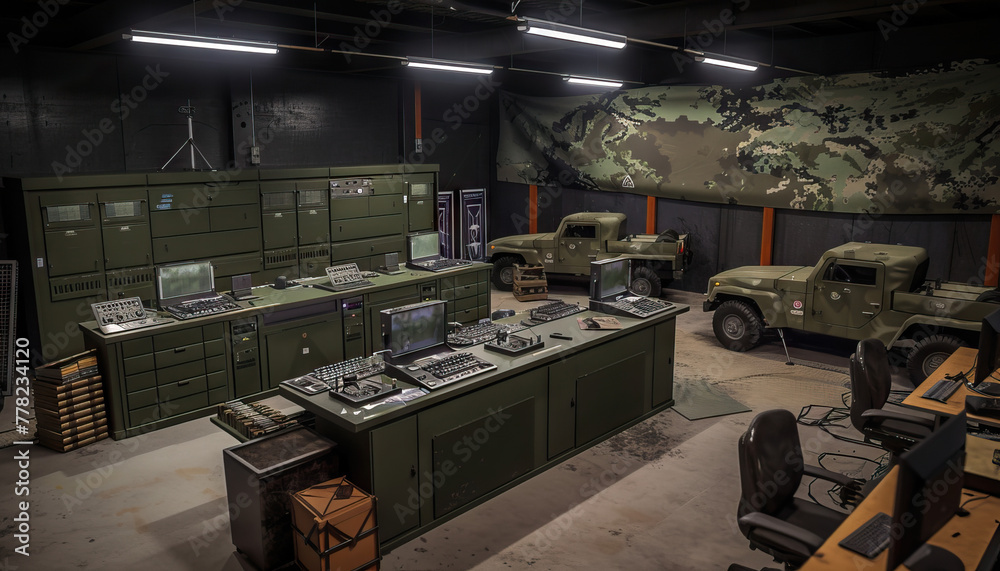 Military Base Command Center: A military base set with command consoles ...