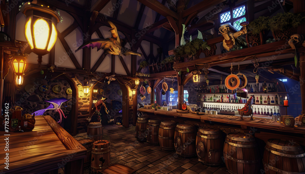 Fantasy Tavern Inn: A fantasy tavern set with medieval decor, ale ...