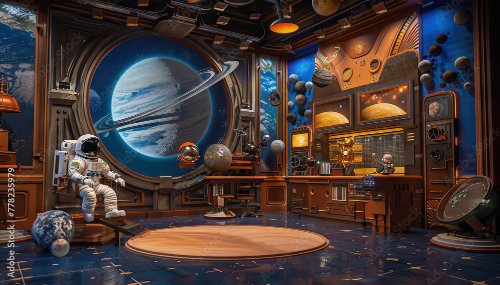 Space Exploration Talk Show Studio: Set with space-themed decor ...