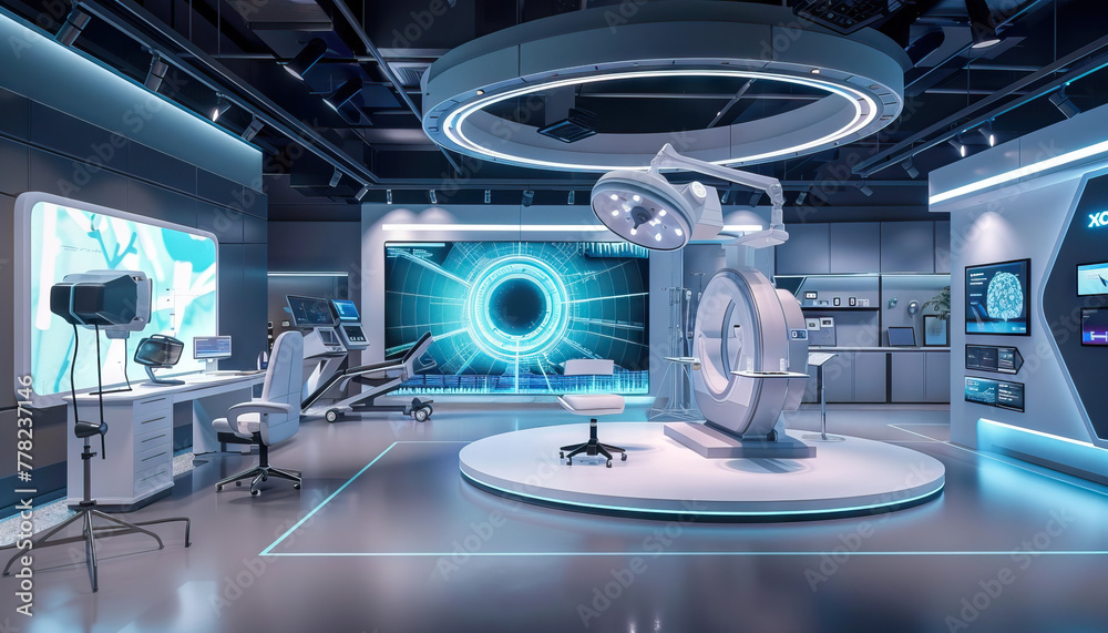 Medical Technology Talk Show Studio: Set with medical technology-themed ...