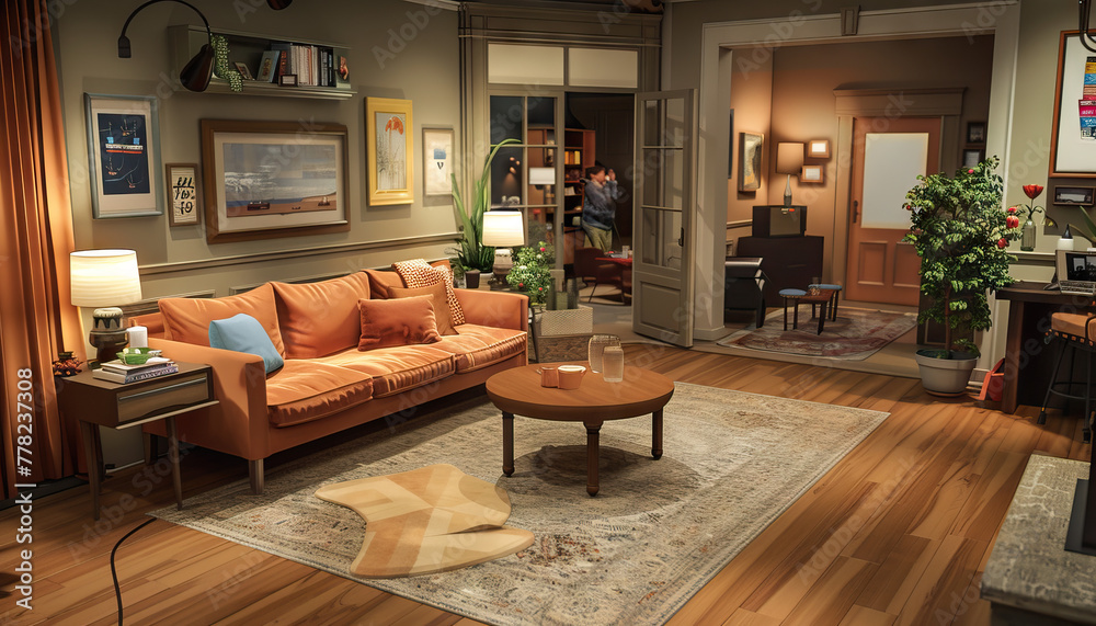Sitcom Living Room Set: A cozy living room with a sofa, coffee table ...