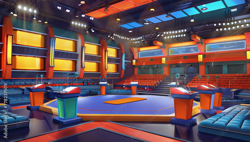 Game Show Set: An elaborate game show set with podiums, buzzers, and a ...