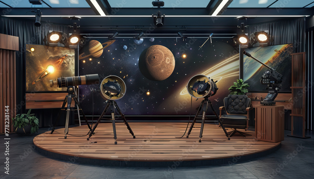 Astrophysics Talk Show Studio: Set with astrophysics-themed decor ...
