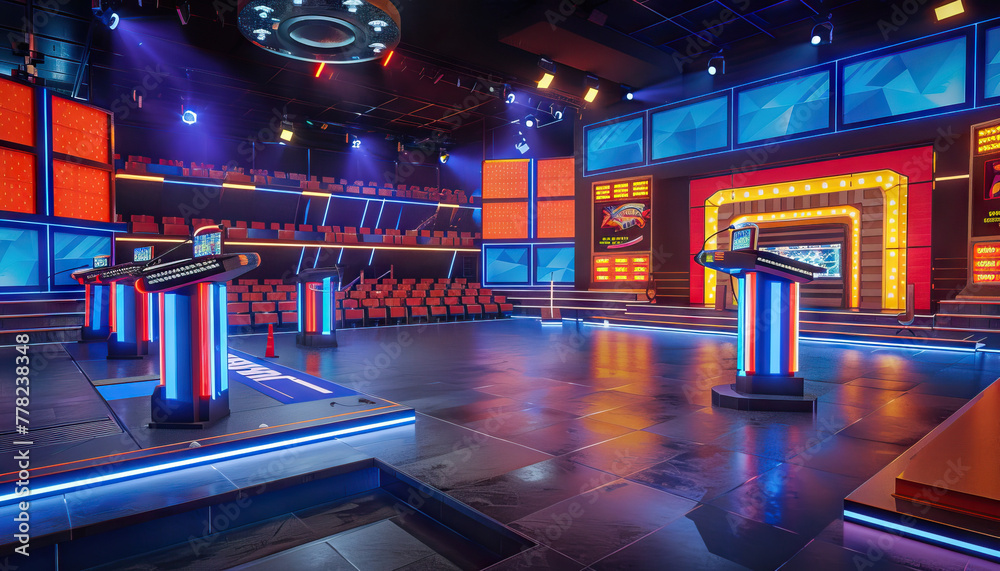 Game Show Set: An elaborate game show set with podiums, buzzers, and a ...