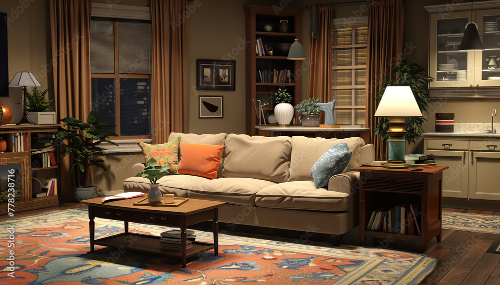 Sitcom Living Room Set: A cozy living room with a sofa, coffee table ...