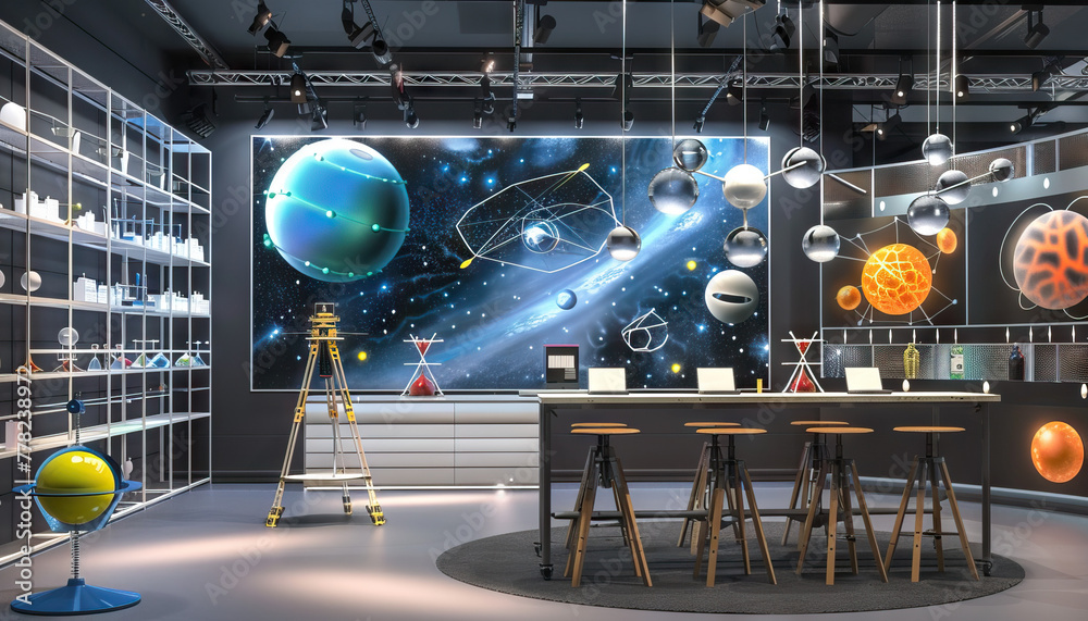 Quantum Physics Talk Show Set: Set with quantum physics-themed decor ...