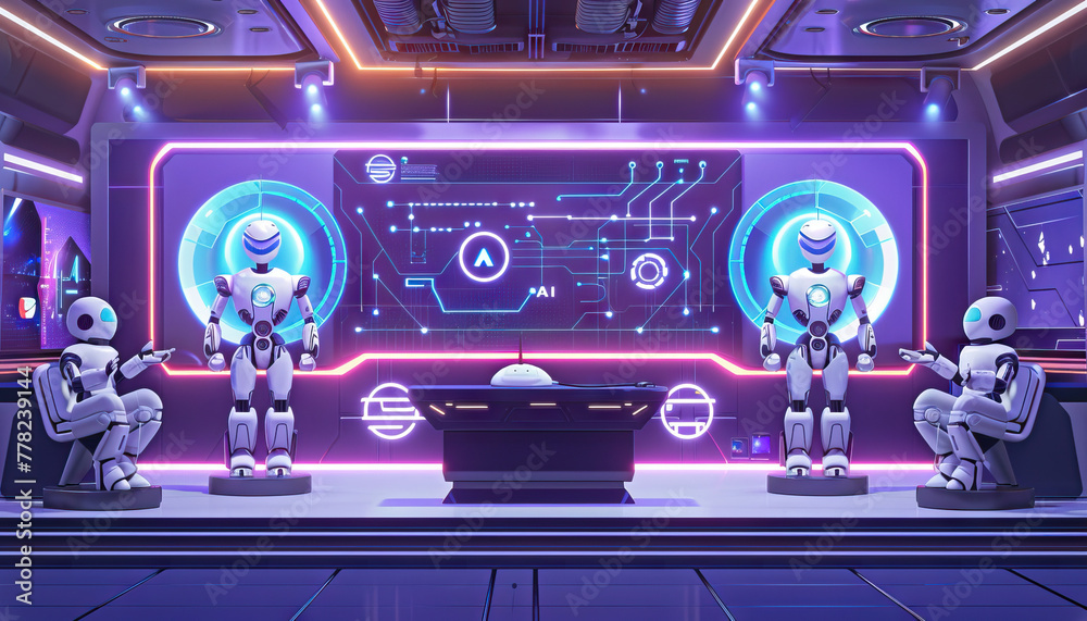 Robotics and AI Talk Show Set: Set with robotics and AI-themed decor ...