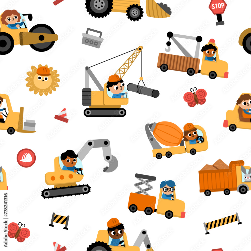 Vector special transport seamless pattern with drivers. Construction ...