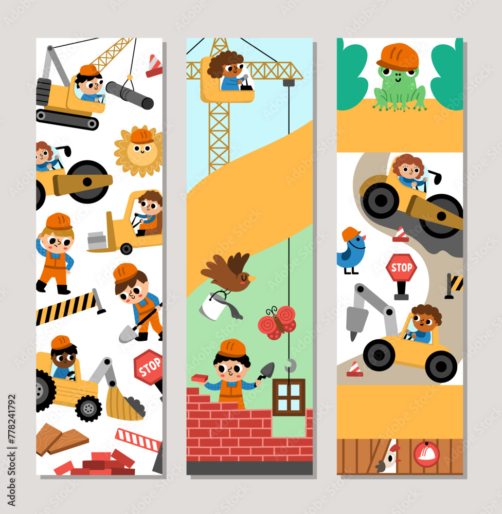 Cute construction site and road work vertical cards set with funny kid ...