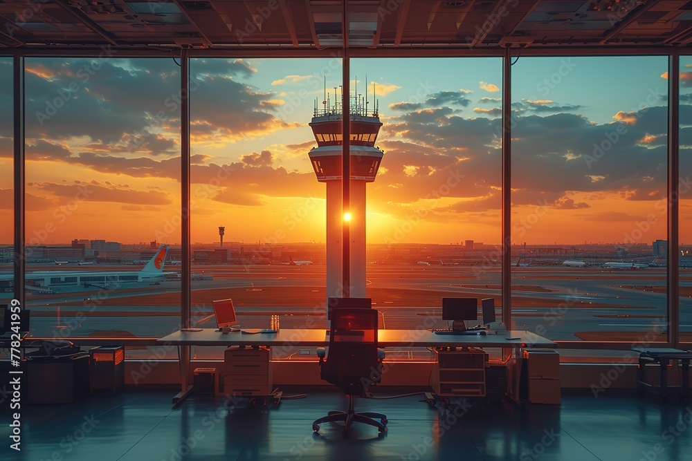 Airport Control Tower Control tower overseeing air traffic at a major ...