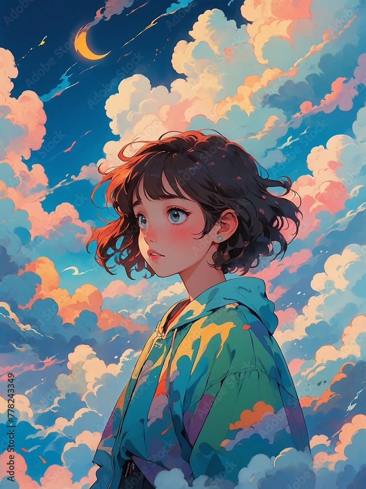 Teenage girl against the background of clouds. The rich inner world of ...