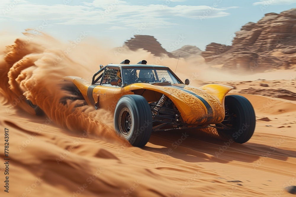 Desert Dune Buggy Off-road dune buggy racing through sand dunes in a ...