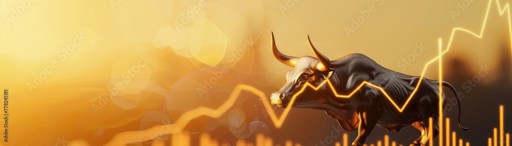 Bull statue with rising stock charts, golden hour light, side angle ...