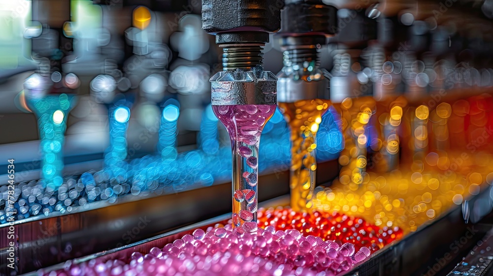 Brightly colored plastic pellets melting in an injection molding ...