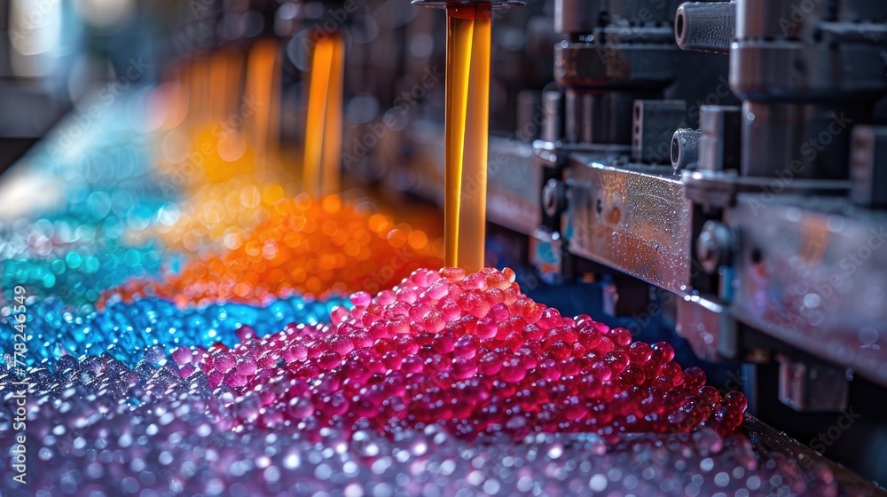 Brightly colored plastic pellets melting in an injection molding ...
