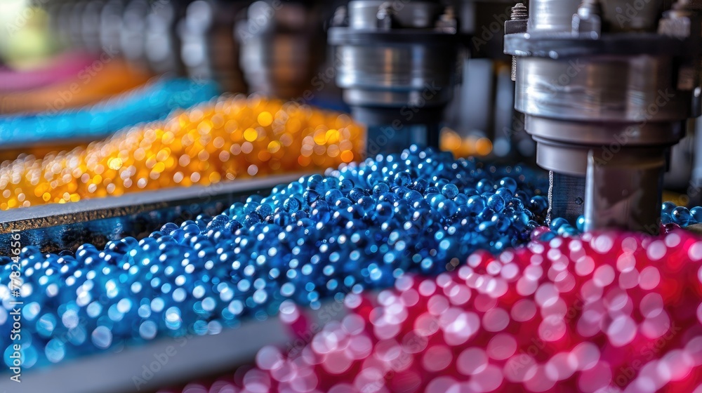 Brightly colored plastic pellets melting in an injection molding ...