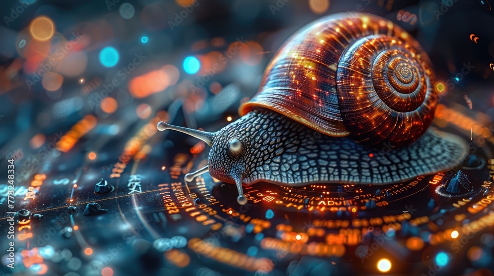 network latency concept with snail and stopwatch on a digital ...