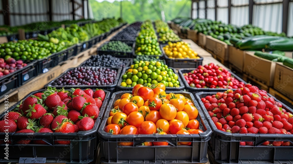 Pallets of fresh produce being loaded onto trucks in a food processing ...