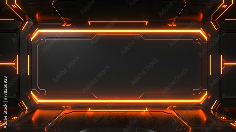 Sleek black and orange live stream overlay video screen interface frame ...
