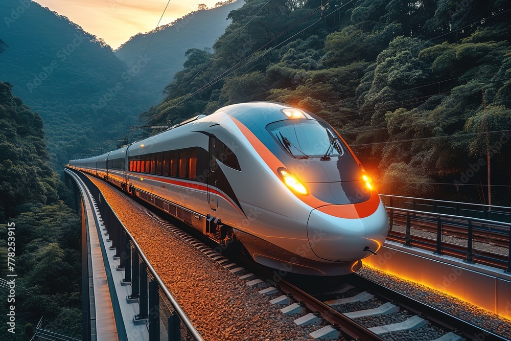 High-Speed Train Sleek high-speed train speeding along elevated tracks ...