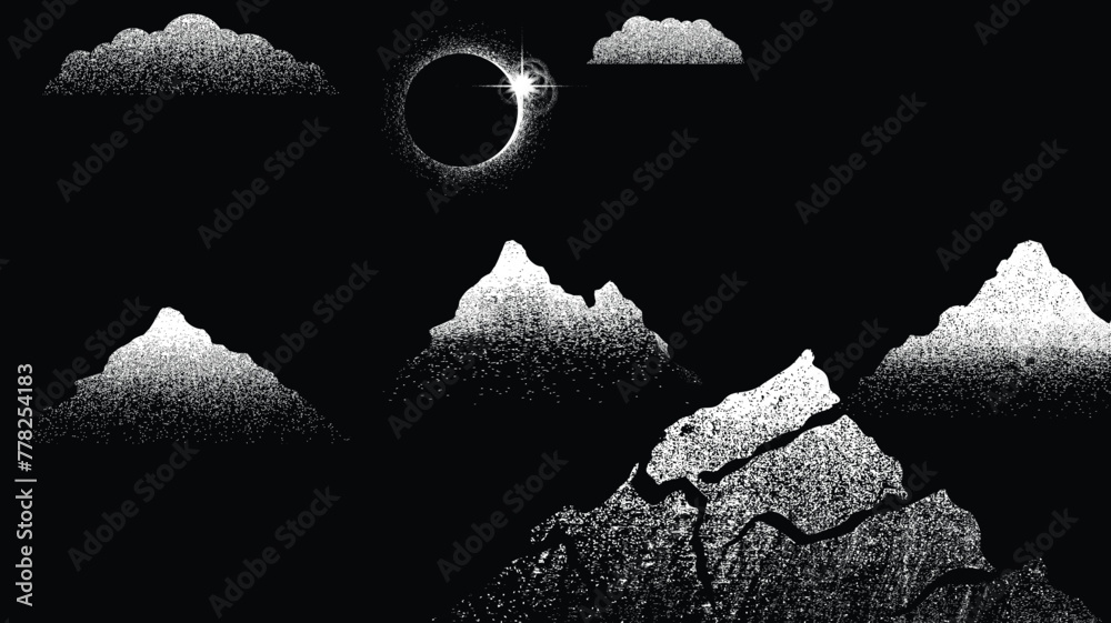 Solar eclipse .Star and moon in space. Futuristic landscape, with noise ...