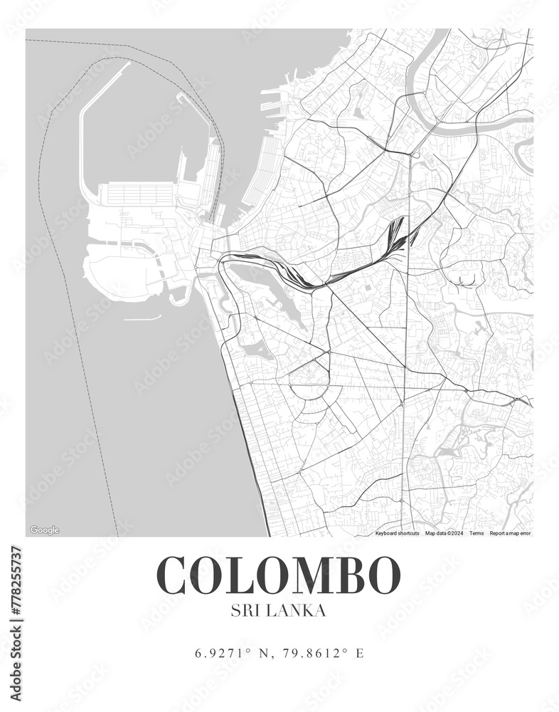 Minimalist simple blueprint drawing of Colombo, Sri Lanka inner city limits with port and newly ...