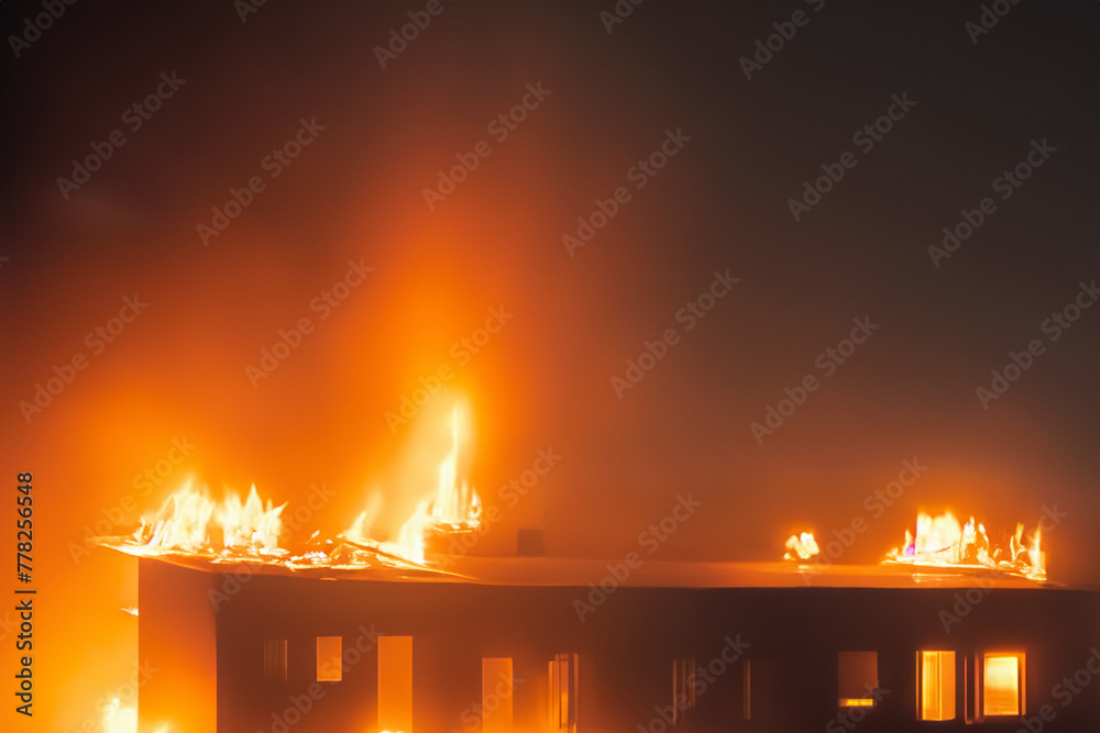 Building on fire. Skyline of a city in flames and smoke because of a ...