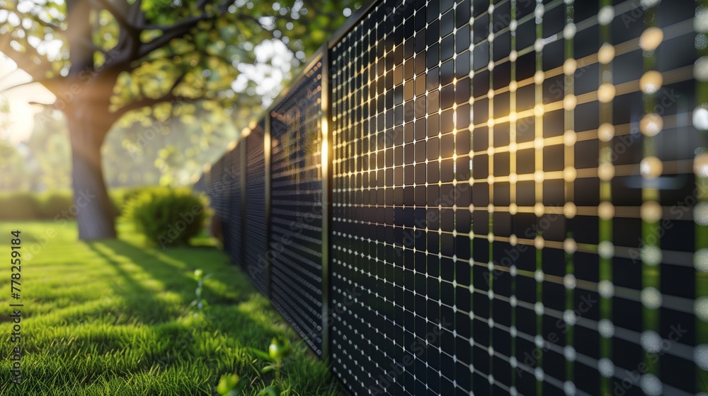 A vertical solar panel installation doubling as a fence, showcasing ...