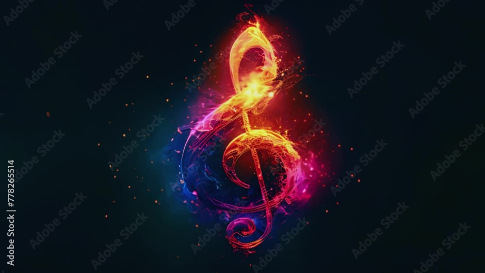 Music key neon colors on black background. Music notes abstract. blue ...