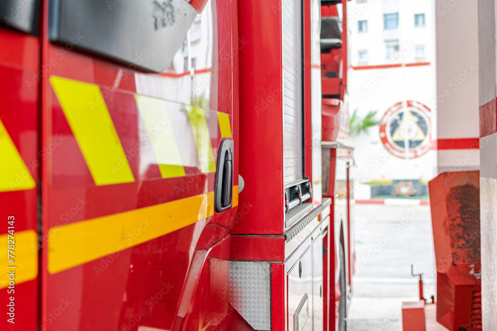 Lateral side of a fire truck in a fire station, red colored door and ...