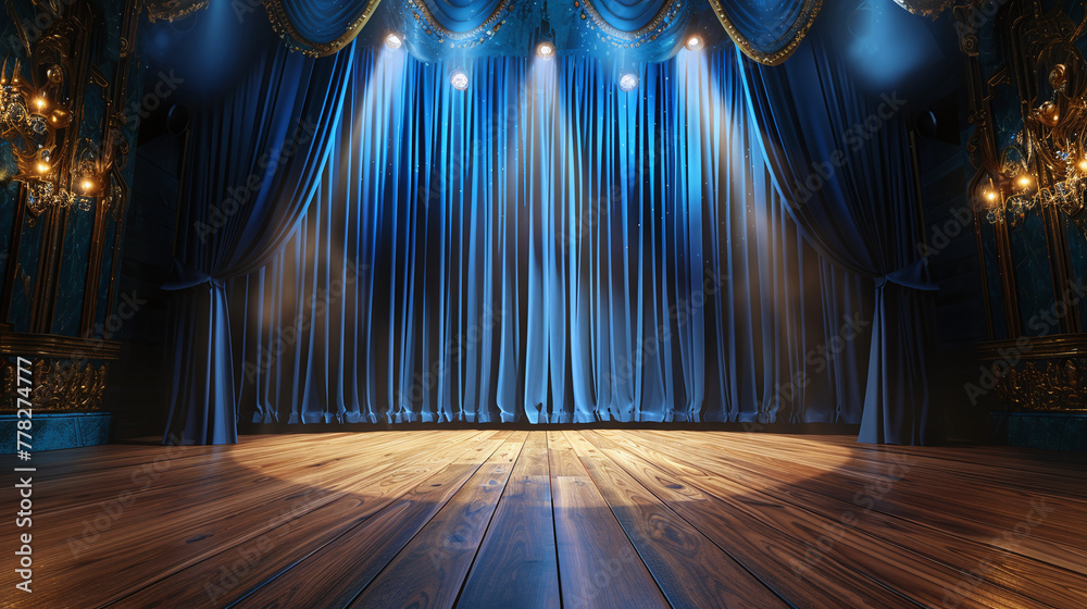 theater stage with blue curtains and spotlight, acting scenario Stock ...