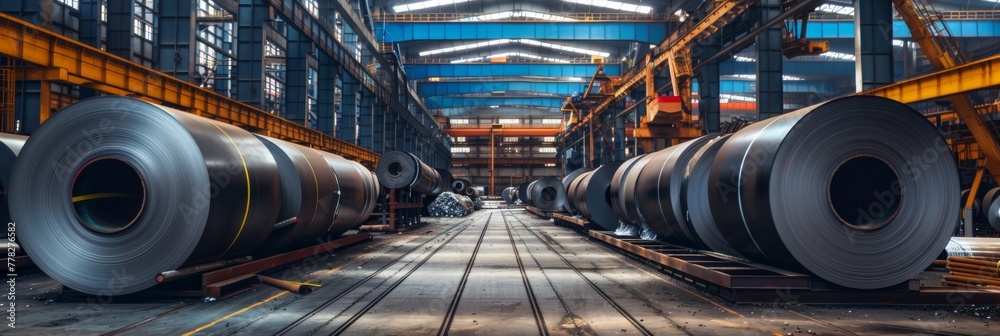 Stacks of steel sheet coils in a well organized warehouse in a busy ...