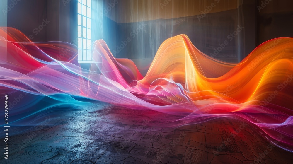 A colorful wave of light is projected onto a wooden floor. The colors ...