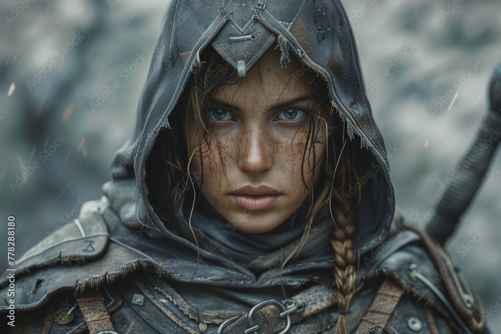 Fantasy female Ranger in leather armor and hooded cloak, patrols ...