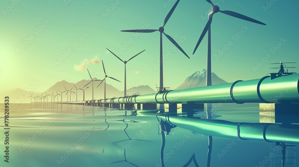 Offshore Wind Turbines and Coastal Pipeline . A tranquil coastal ...