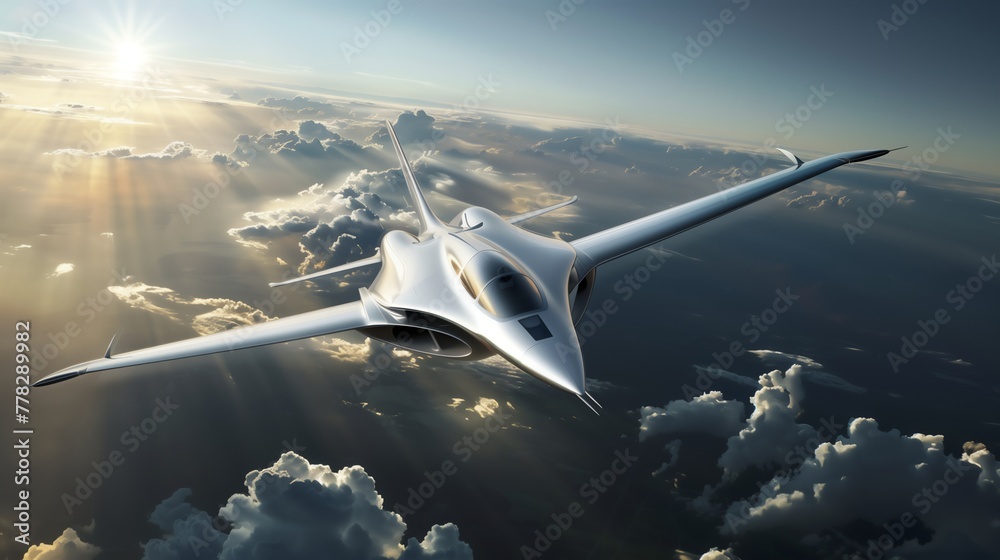 Supersonic futuristic airplane above the clouds, Futuristic airliner in ...