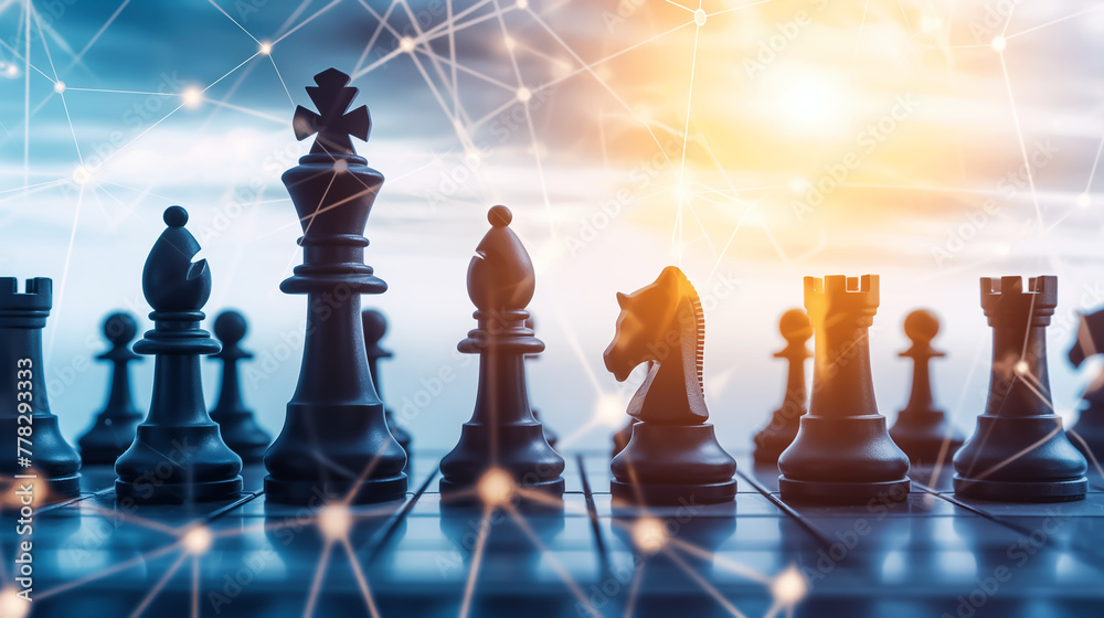 Chess pieces placed on a board with a light background. Abstract images ...