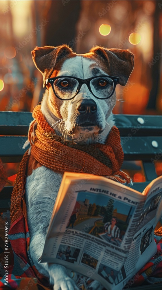 Dog with spectacles, newspaper in lap, park bench, golden hour, vibrant ...