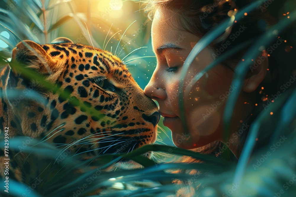 Dynamic duo, woman and leopard, lush jungle backdrop, soft dawn light ...