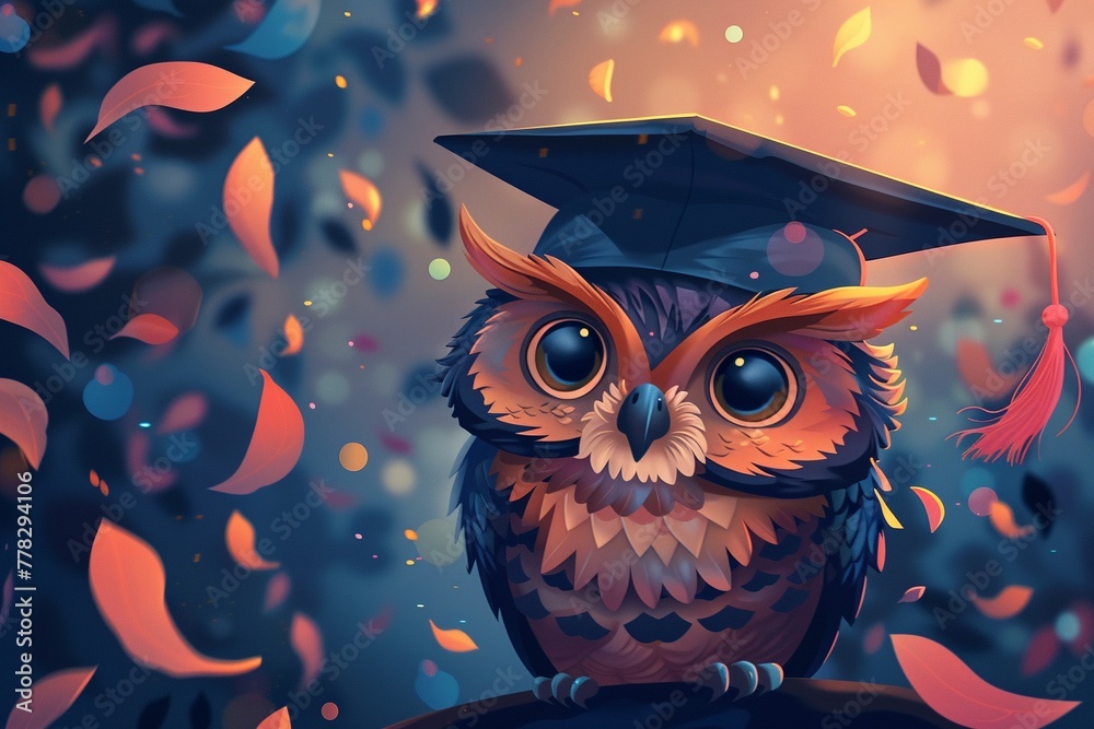 Graduating owl, square cap, fluttering in academic hall, vibrant ...