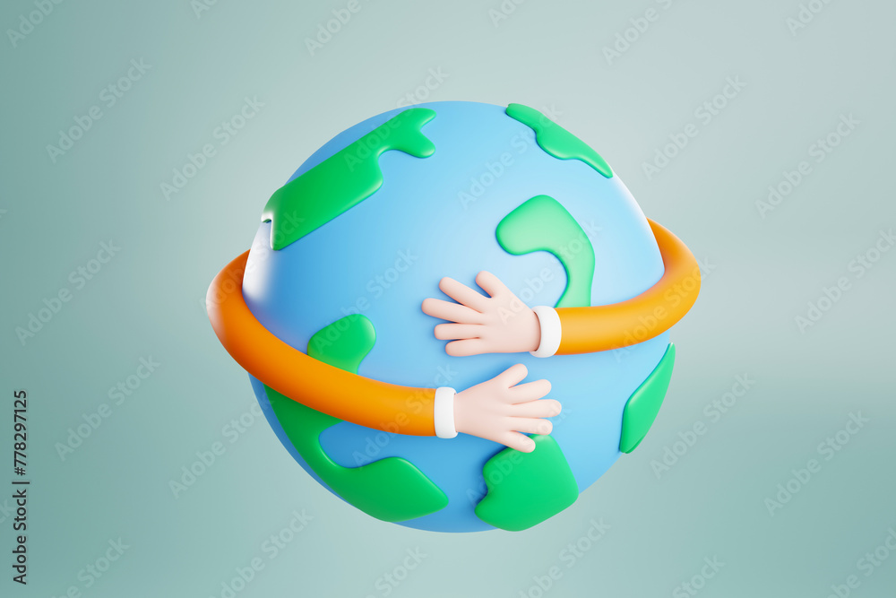 Happy Earth Day. 3D cartoon hand hugging the earth. World environment ...