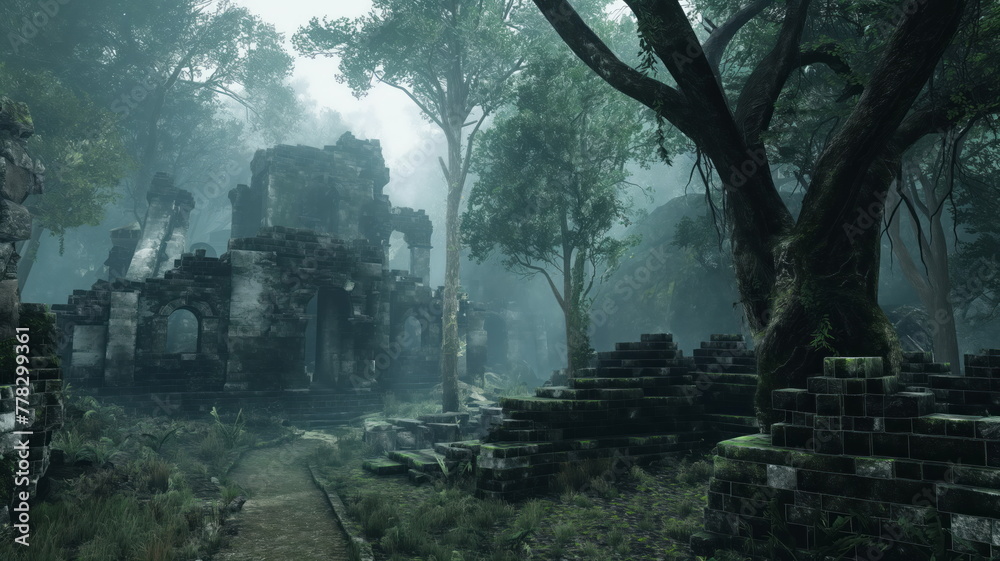 Foto de Mystical forest shrouded in mist, where ancient ruins hint at forgotten civilizations ...